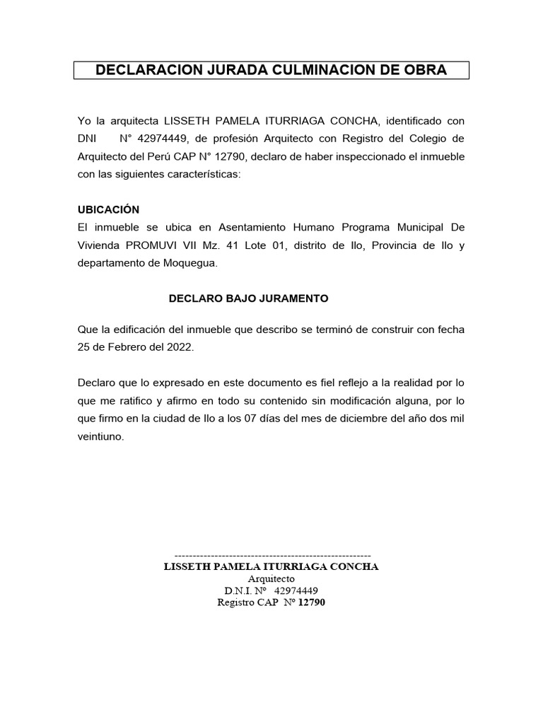 Declaracion Jurada Culminacion de Obra | PDF