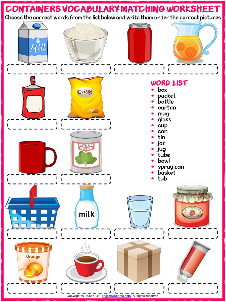 Containers Vocabulary Esl Matching Exercise Worksheet For Kids | PDF ...