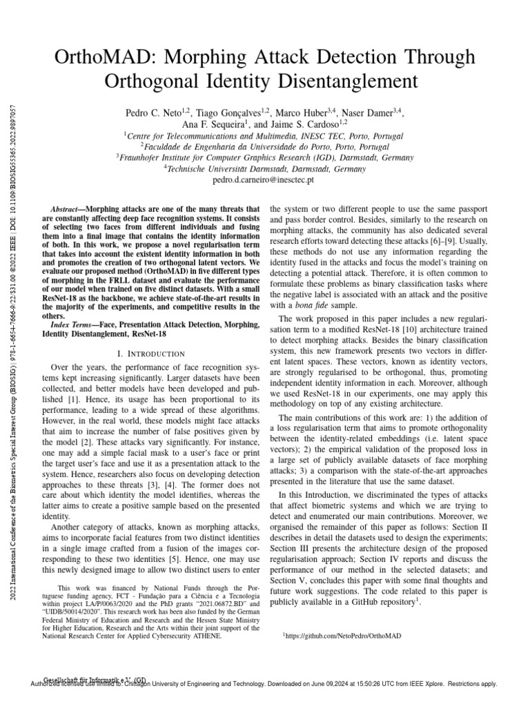 OrthoMAD Morphing Attack Detection Through Orthogonal Identity Disentanglement | PDF | Applied ...