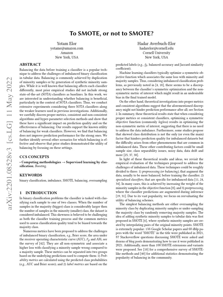 To SMOTE, or Not To SMOTE? | PDF | Receiver Operating Characteristic | Statistical Classification