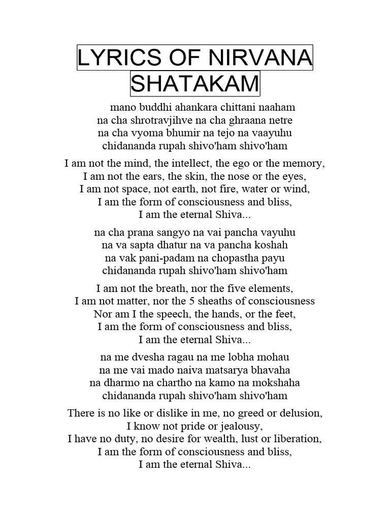 Lyrics of Nirvana Shatakam | PDF | Indian Philosophy | Hindu ...
