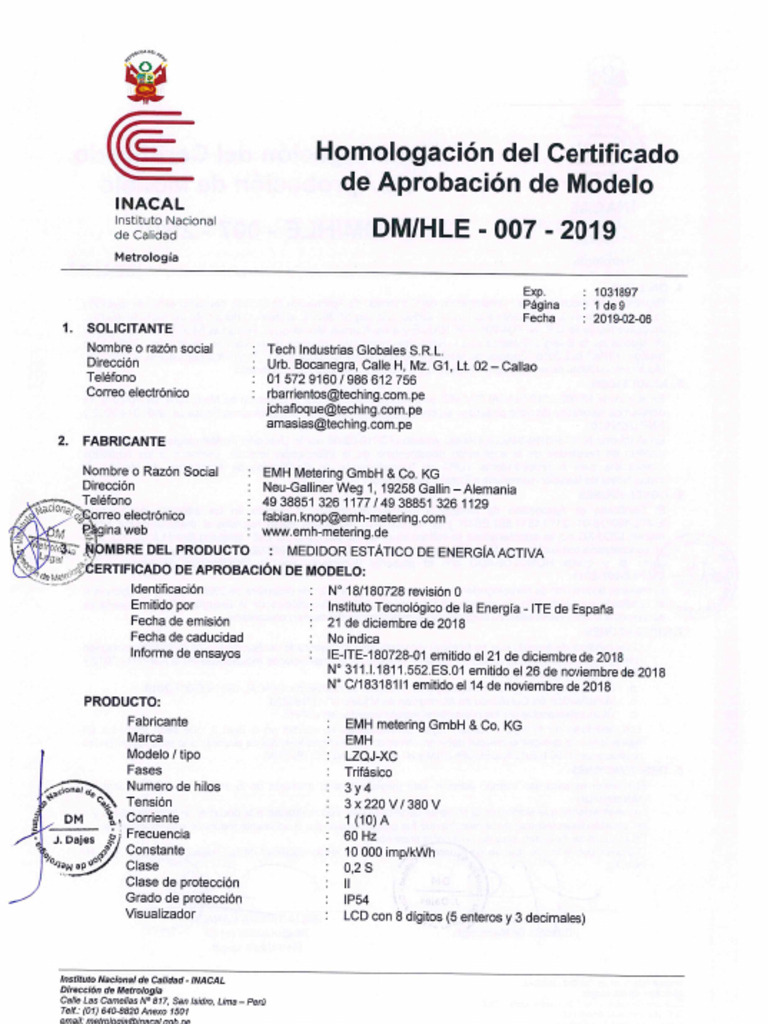 ITEM5 - 11 - Certificado Homologación INACAL - EMH LZQJ-XC Clase 0.2S ...