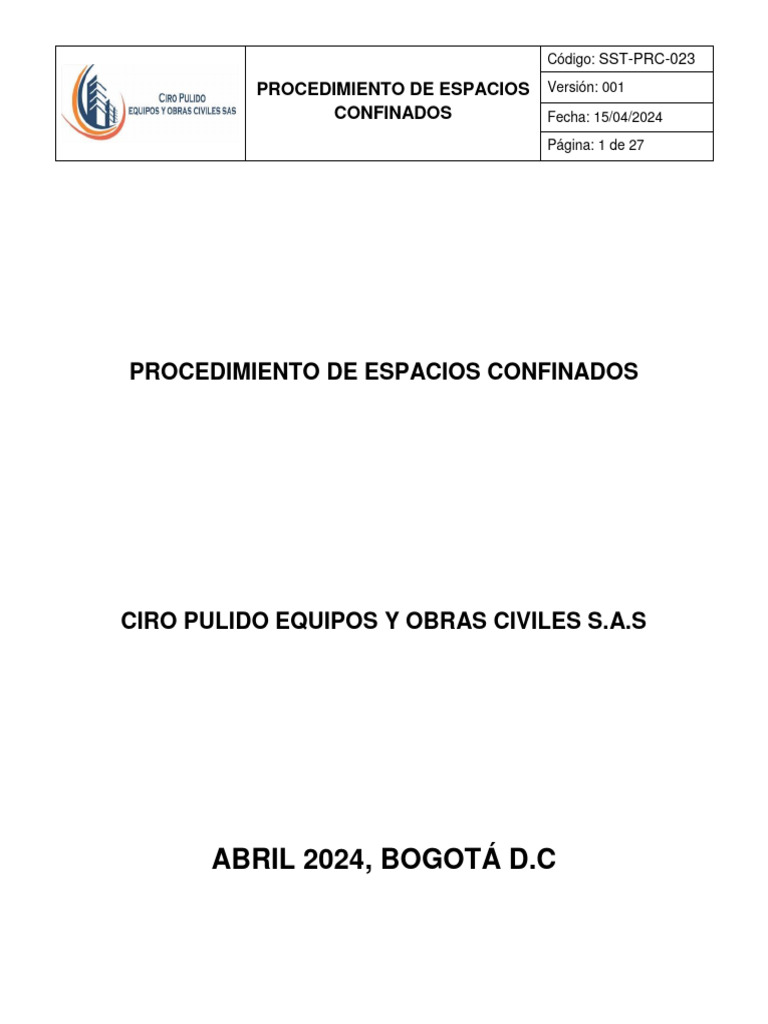 SST-PRC-023 Procedimiento de Gestion en Espacios Confinados | PDF | Combustión | Dióxido de carbono