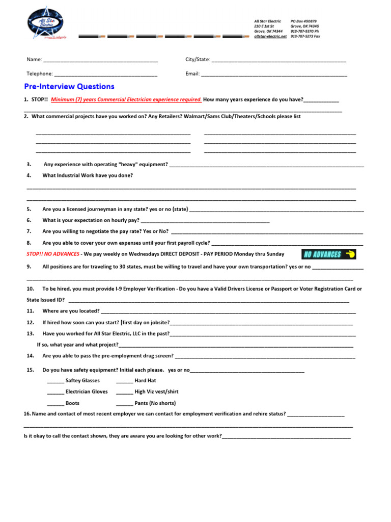 Pre-Interview Form | PDF | Electrician