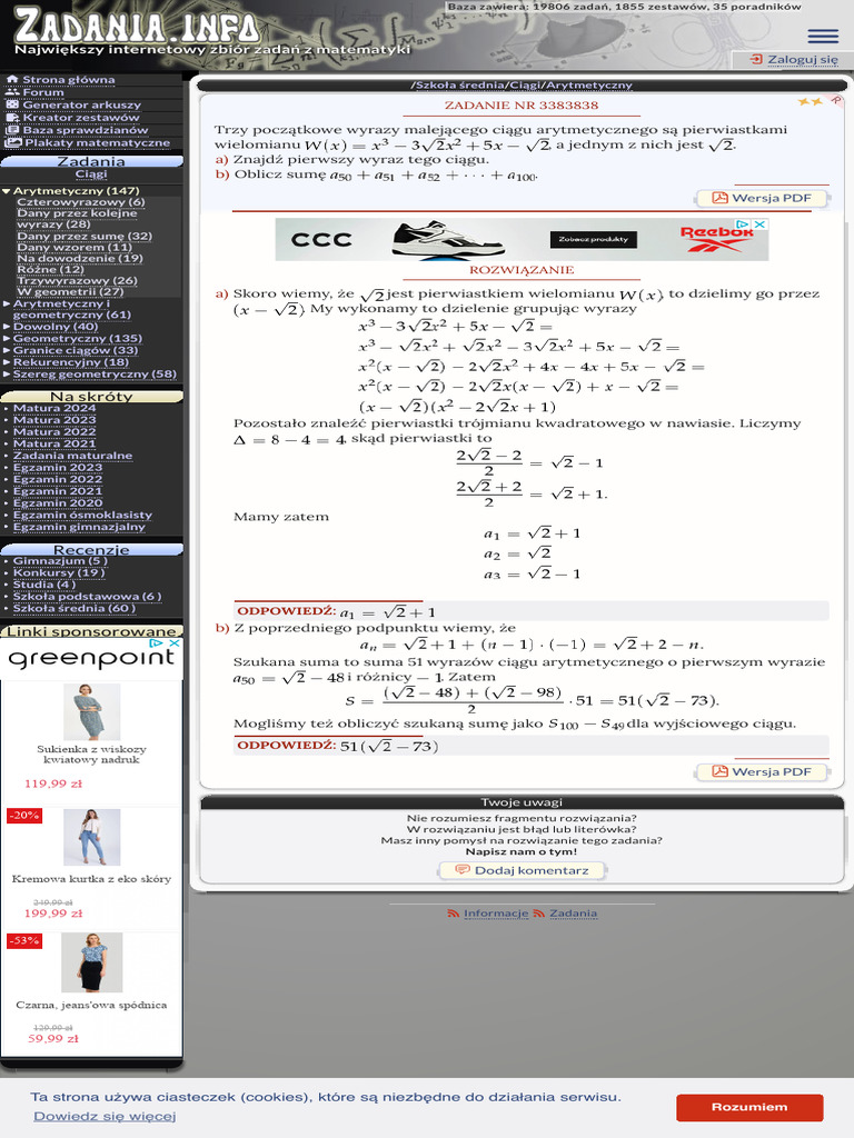 Trzy Początkowe Wyrazy Malejącego Ciągu Arytmetycznego Są Pierwiastkami... Zadania - Info ...