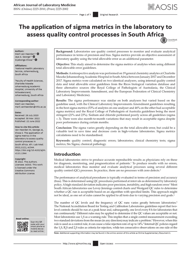 The Application of Sigma Metrics in The Laboratory To Assess | PDF ...
