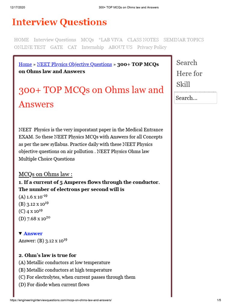 Ohm's Law MCQs and Answers | PDF | Electrical Resistance And ...