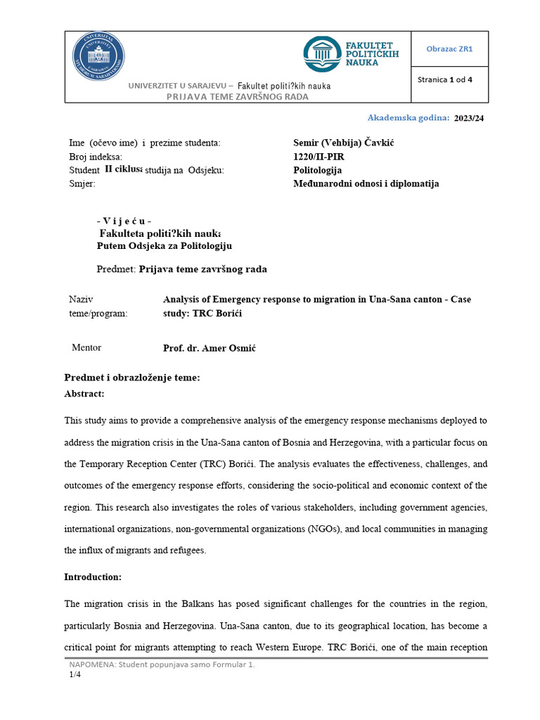 Obrazac ZR1 - Prijava Teme Zavrsnog Rada Semir Cavkic MOID | PDF | Methodology | International ...