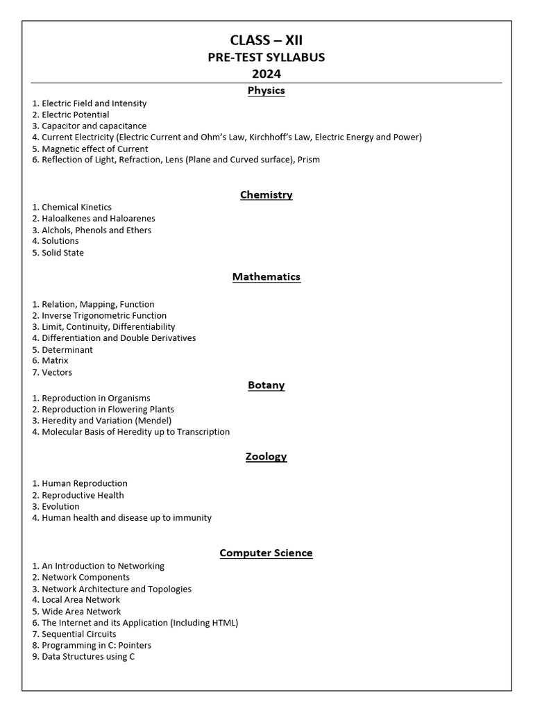 XII Pre-Test Syllabus 2024 | PDF | Probability Distribution | Derivative