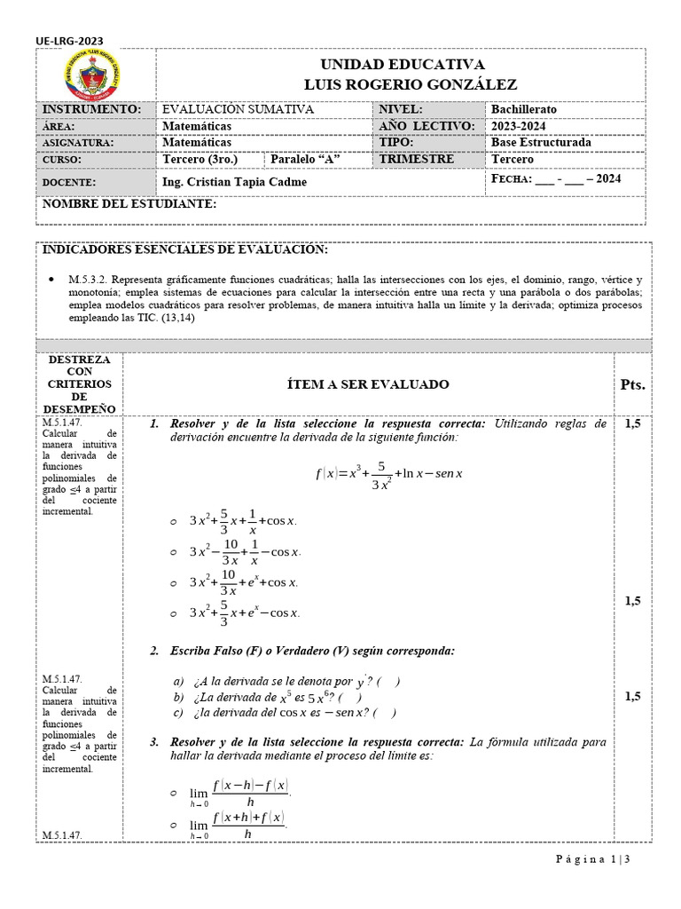 Evaluacion 3er Trim 3ro A Mate | PDF | Derivado | Matemáticas Aplicadas