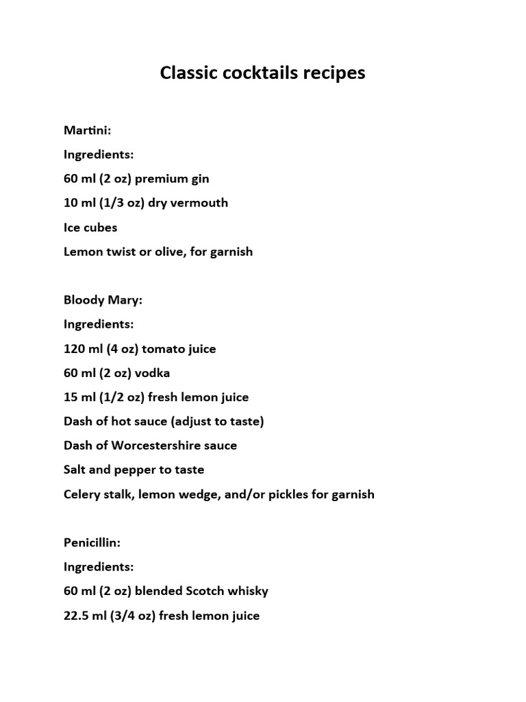 Classic Cocktail Recipes Collection | PDF | Martini (Cocktail) | Mixed ...