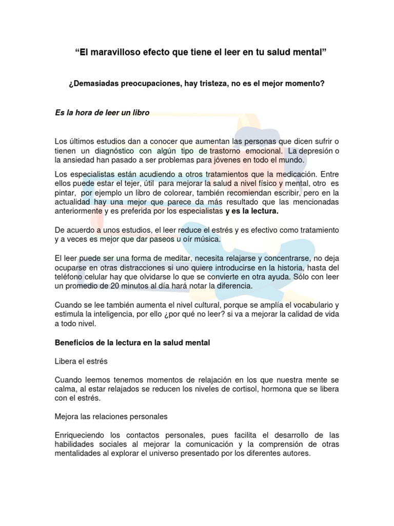 Lectura El maravilloso efecto que tiene el leer en tu salud mental ...
