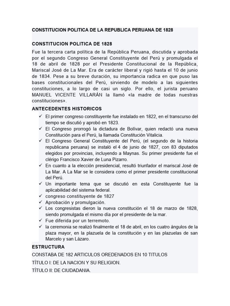 Constitucion Politica de La Republica Peruana de 1828 | PDF | Gobierno ...