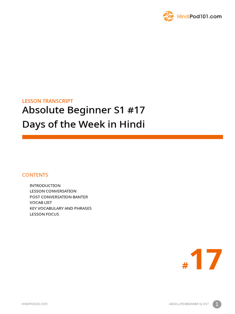 Absolute Beginner S1 #17 Days of The Week in Hindi: Lesson Transcript | PDF | Grammatical Gender ...