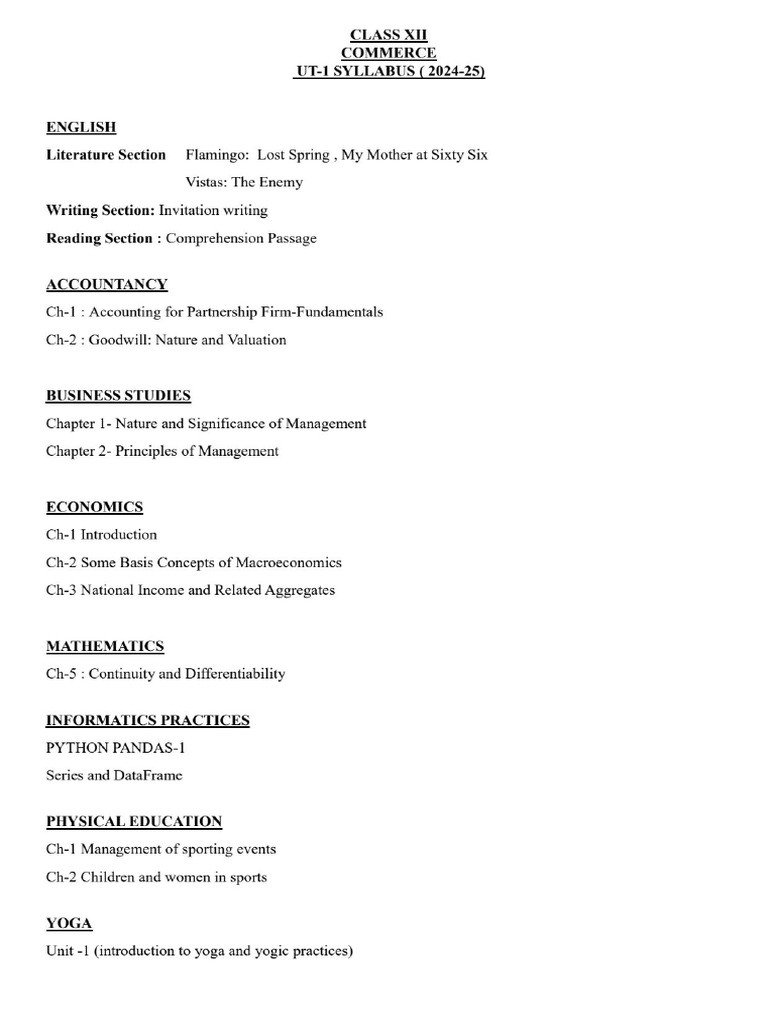 Class Xii Commerce Ut 1 Syllabus | PDF