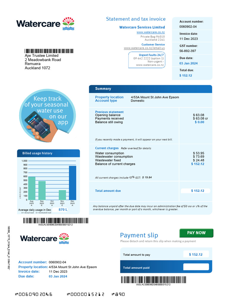 Watercare Bill 0060902-04 2023 Dec 11 | PDF | Value Added Tax | Economies
