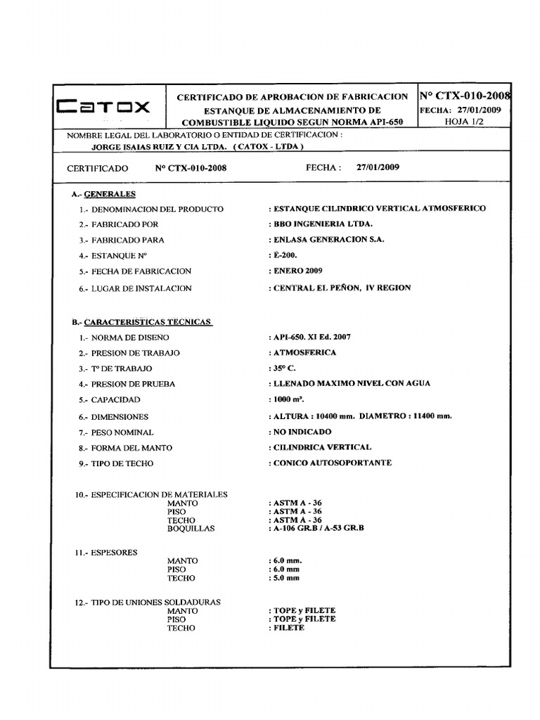 Certificado Estanque CTX 10 2008 | PDF
