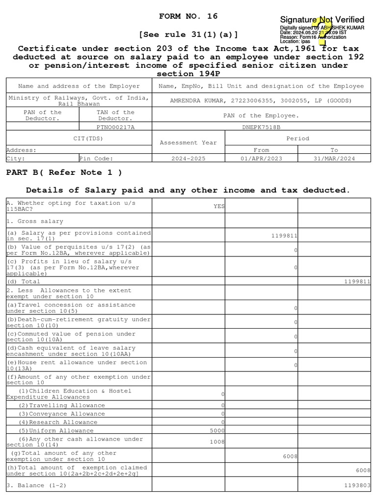 Form 16 TDS Certificate 2024-25 | PDF | Taxes | Tax Deduction