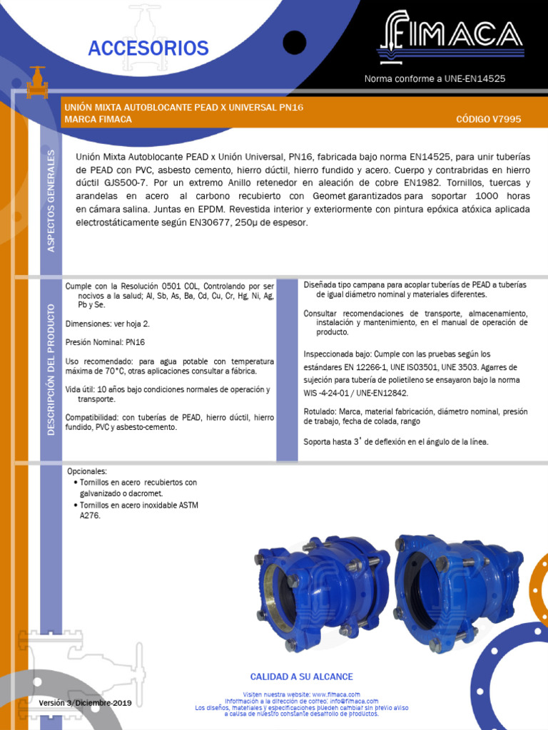 V799 - UNIÓN MIXTA AUTOBLOCANTE PEAD X UNIVERSAL PN16 INSTALACION ...