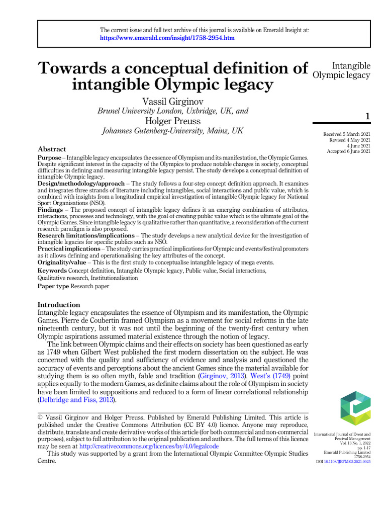 Towards A Conceptual Definition of Intangible Olympic Legacy | PDF | Concept | Experience