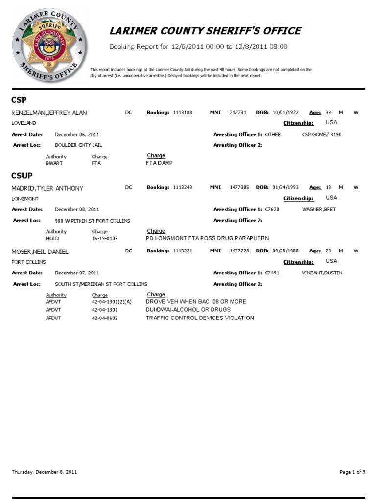 Larimer County Sheriff's Office Arrest Report - Dec. 6, 2011 | PDF ...