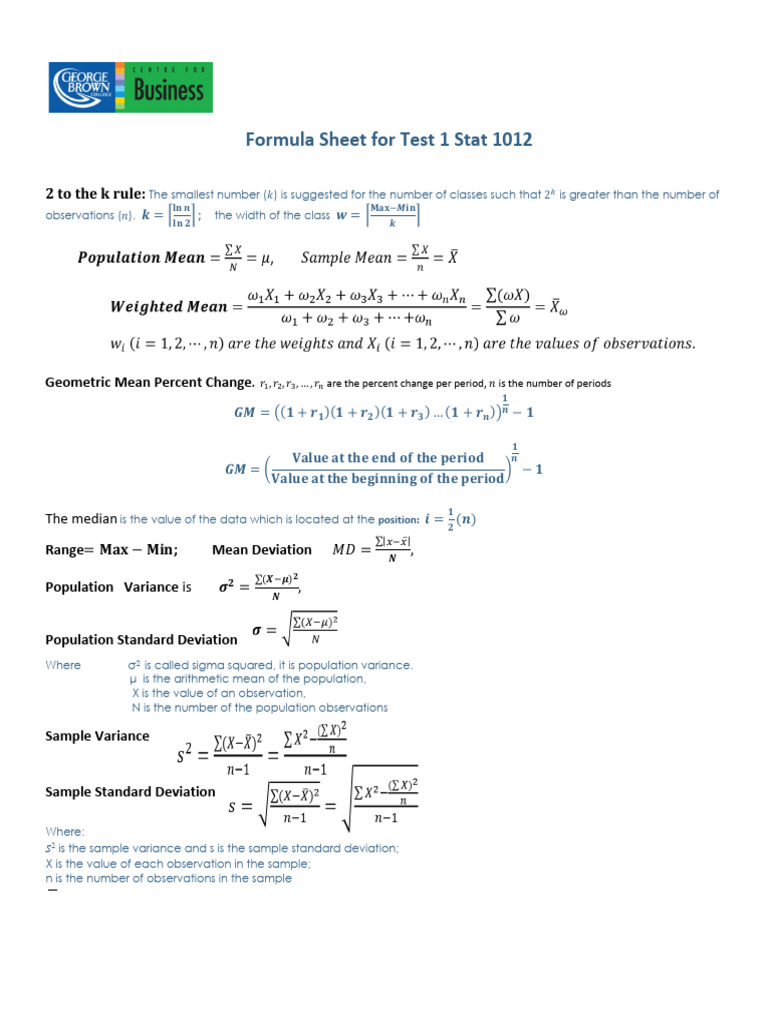 Test 1 Formula Sheet STAT1012 | PDF | Median | Mean