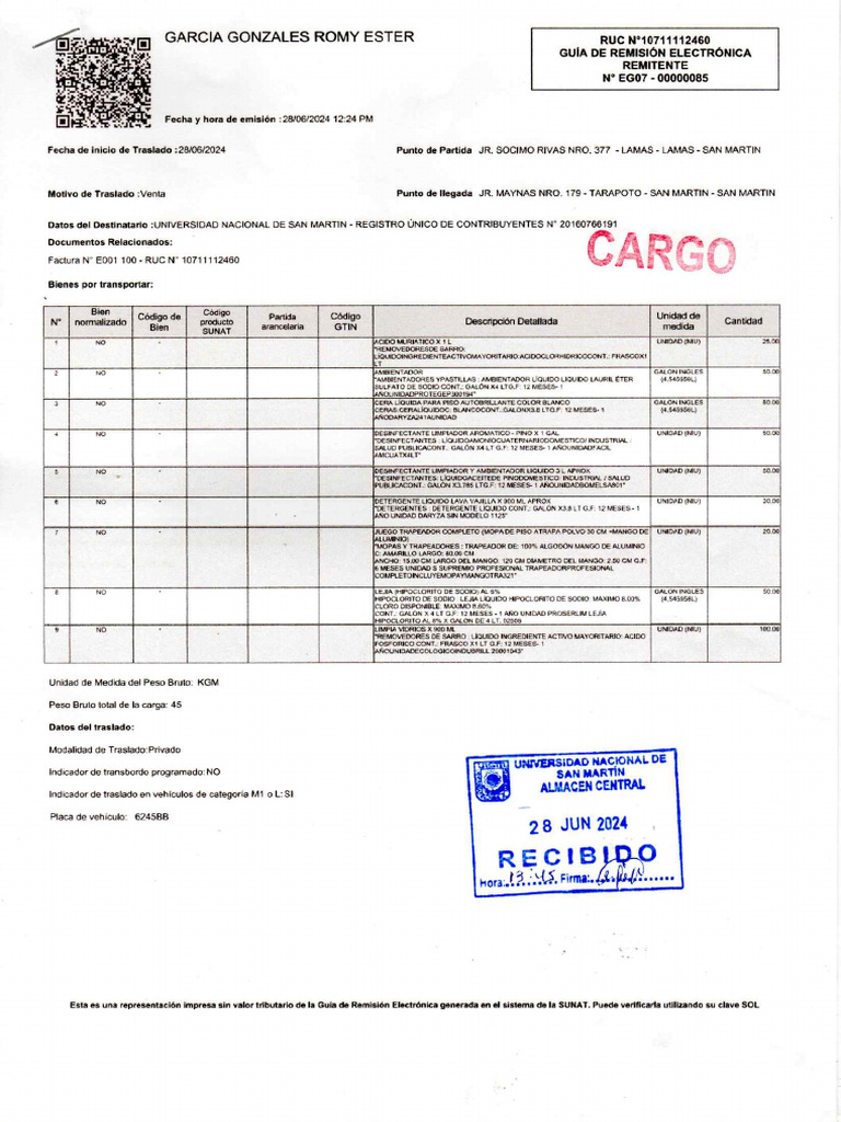Guia de Remision Electronica N°0000008-86 | PDF
