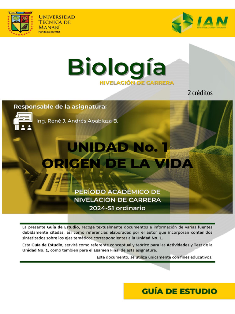 Guia de Estudio - Unidad 1 - Biologia - 2024S1 - IAN UTM | PDF | Metabolismo | Vida