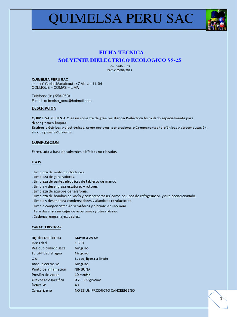 Solvente Dieléctrico Ecológico Quimelsa SS 25 Ficha Tecnica | PDF ...