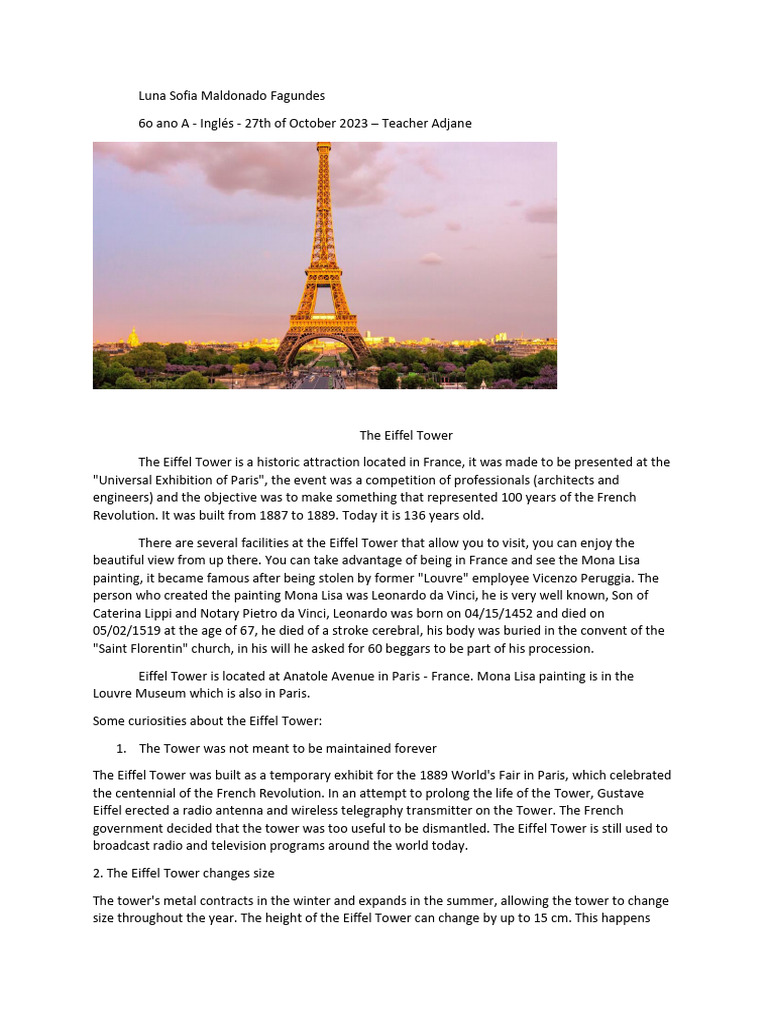 The Eiffel Tower Is A Historic Attraction Located in France | PDF ...