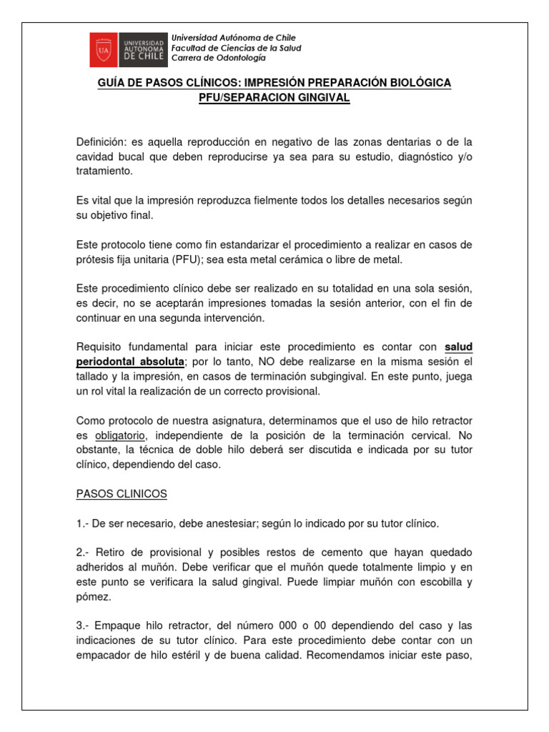 Guía Pasos Clínicos Impresión Preparación Biológica PFU | PDF
