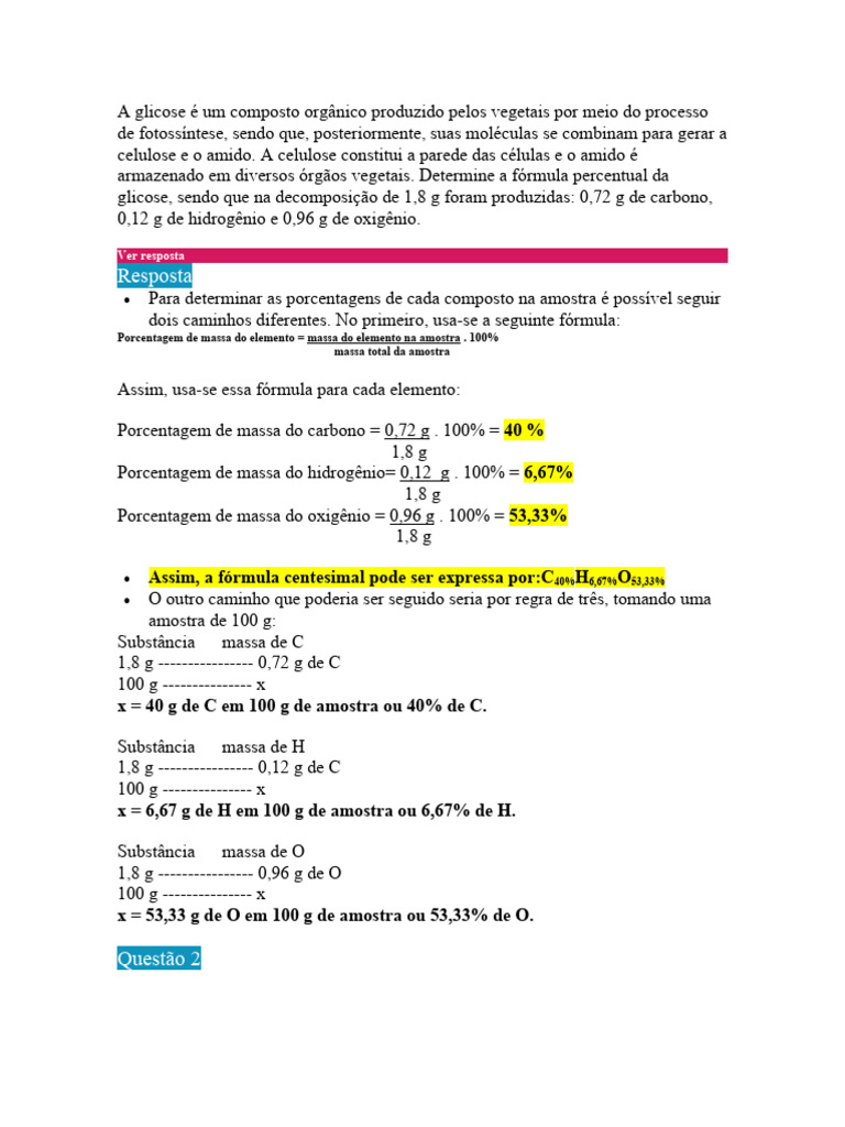 Exercicio de Quimica Formula Percentual | PDF | Mol (unidade ...