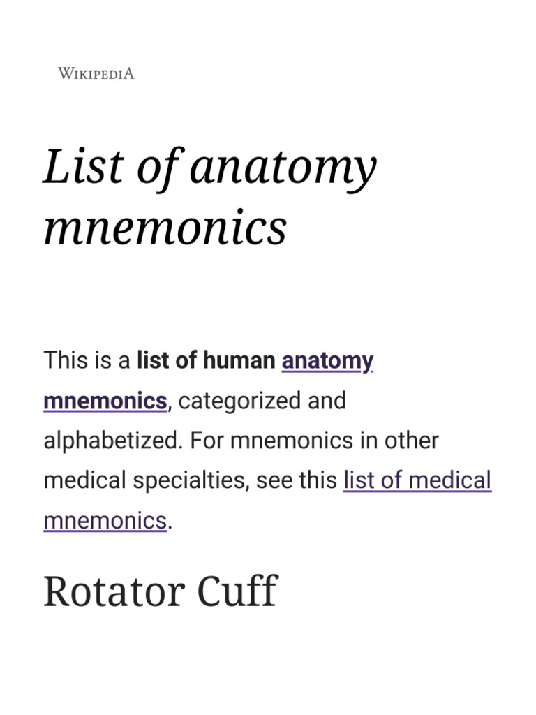 List of Anatomy Mnemonics - Wikipedia | PDF | Aorta | Arm