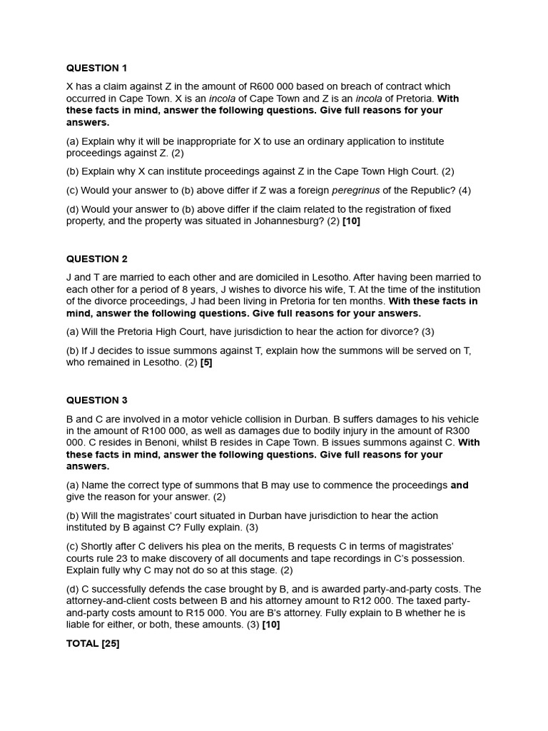 CIV3701 Assignment 1 Questions 2024 2 | PDF | Summons | Justice