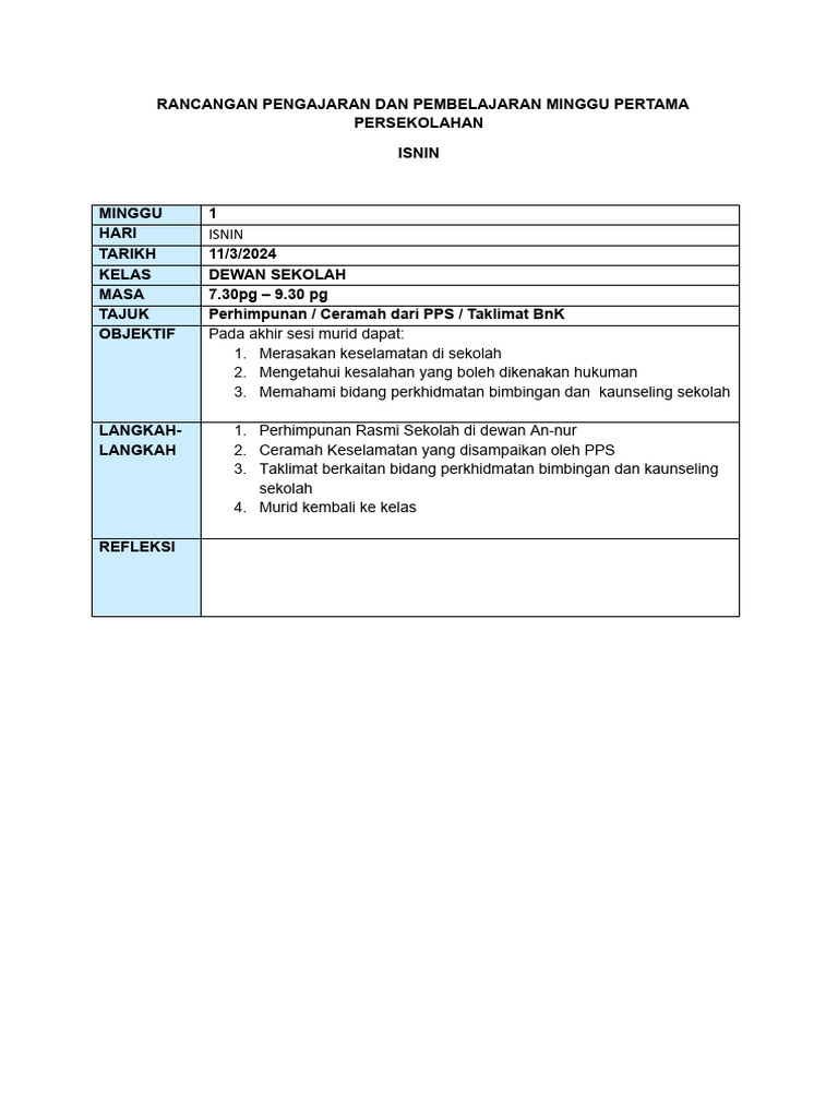 Tahap 1 RPH Minggu Pertama Persekolahan | PDF