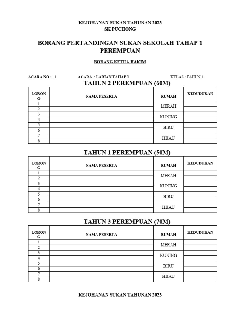 Borang Sukan Larian Tahap 1 | PDF