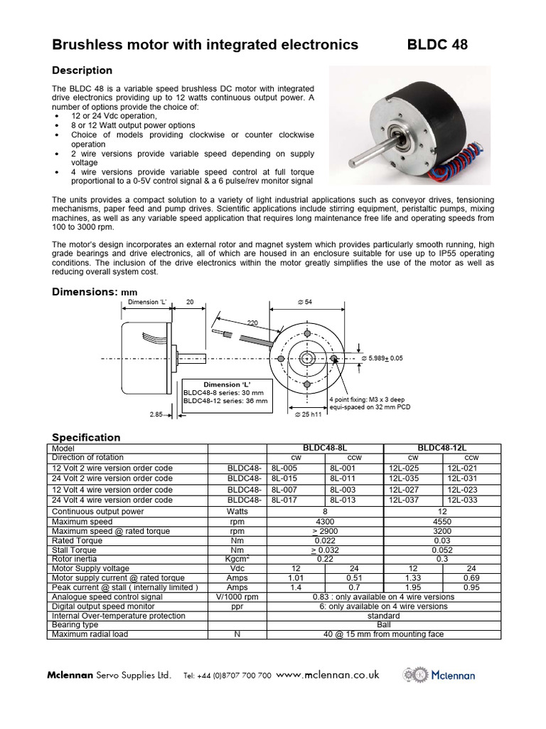 Brushless Motor With Integrated Electronics BLDC 48: Description | PDF | Electric Motor | Amplifier