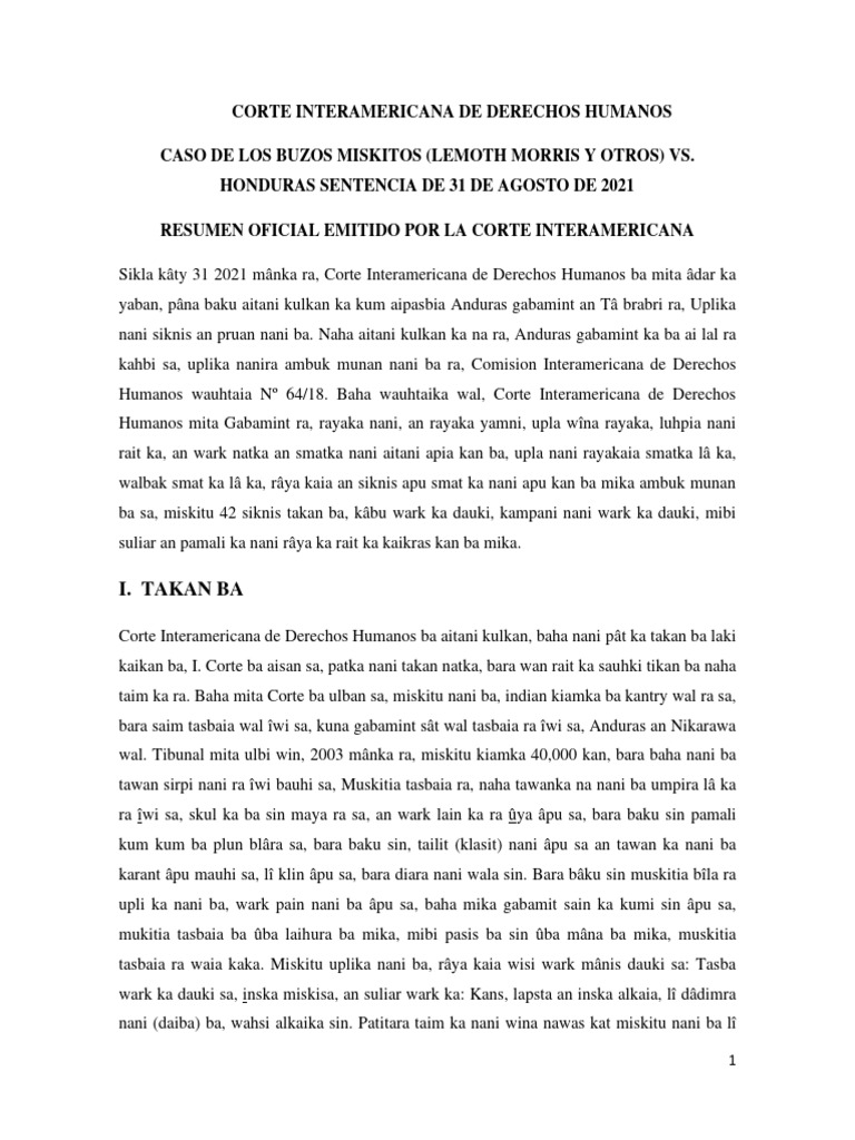 Resumen Oficial Lengua Miskita Corte Idh Caso de Los Buzos Miskitos Lemoth Morris y Otros vs ...