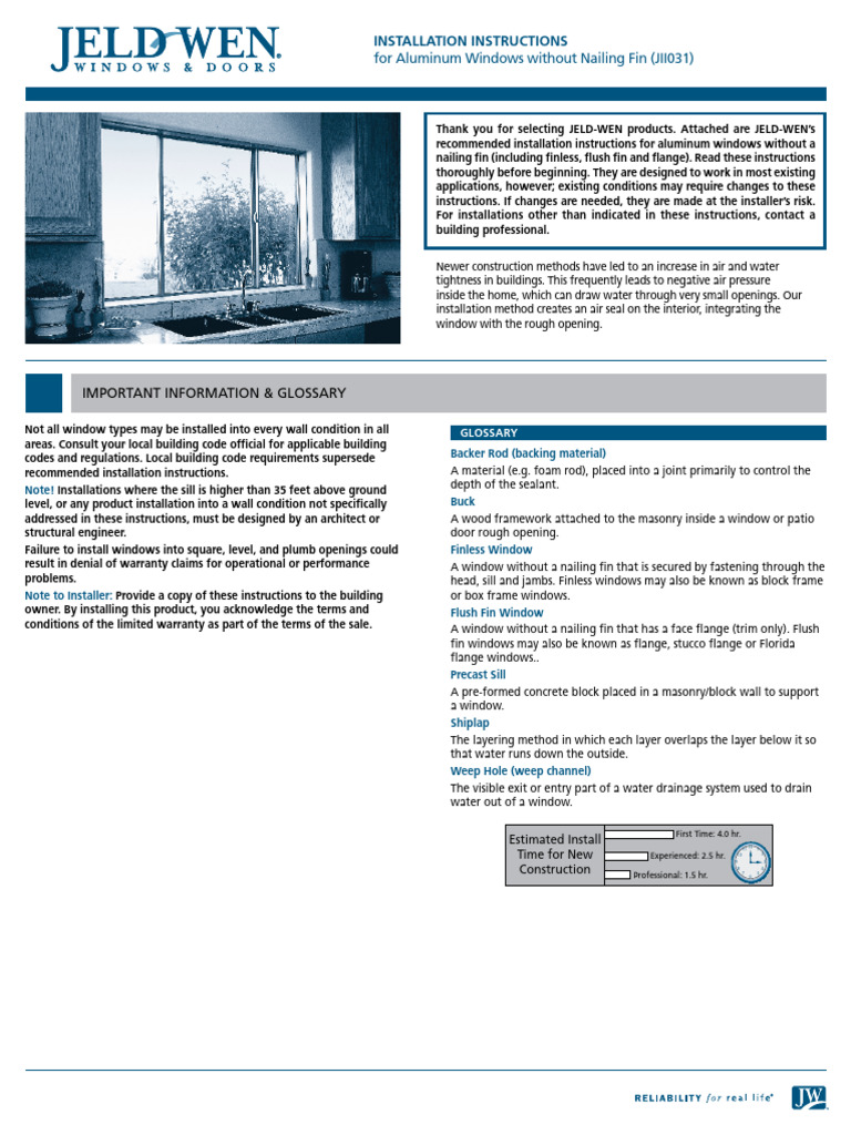 Installation Instructions For Aluminum Windows Without Nailing Fin ...