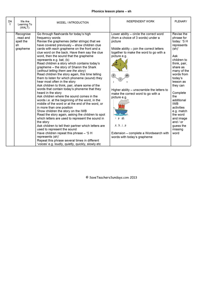 SH Phonics Lesson Plan (Using Story For Introduction) | PDF | Phonics ...