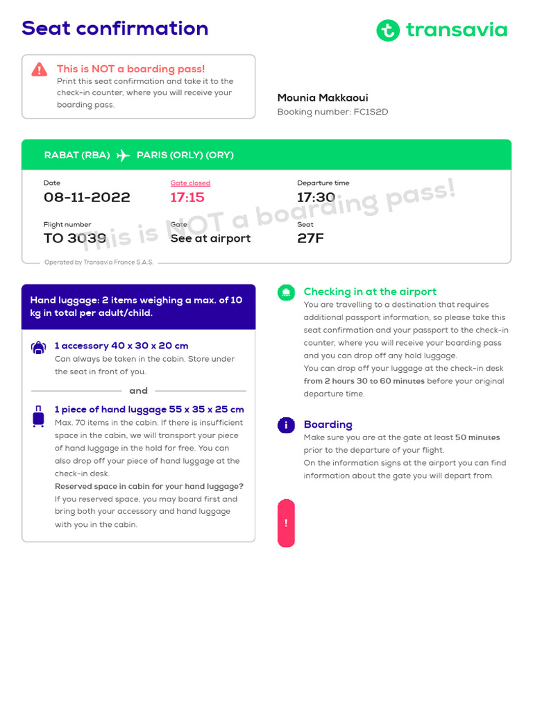 Transavia Seat Confirmation RBAORY - TO3039 | PDF | Baggage | Airport