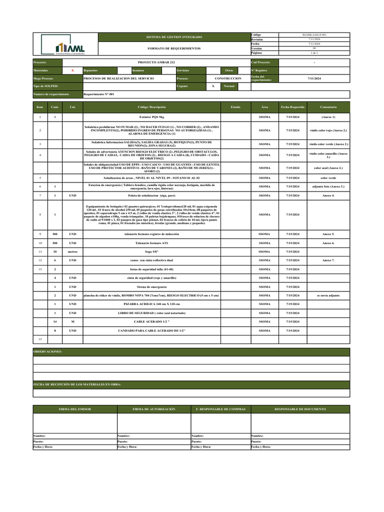 SGAML-LOG-F-001 Formato de Requerimientos Ssoma | PDF