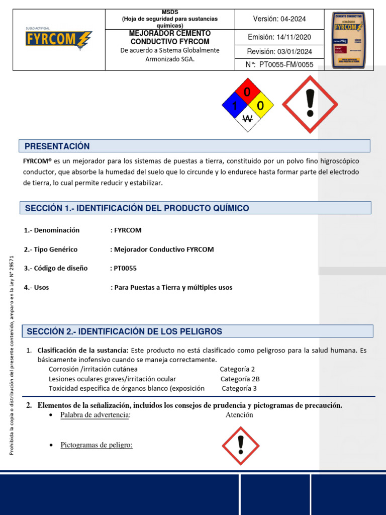 Ficha MSDS - Fyrcom - 2024 - Proveedor | PDF | Agua | Residuos