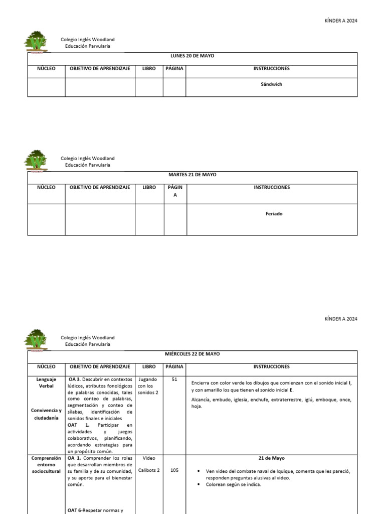 Planificacion Semanal 20 Al 24 de Mayo Kinder A | PDF | Educación de la ...