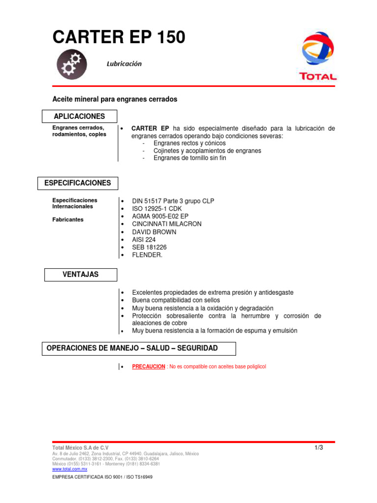 Carter EP 150 PDS | PDF | Engranaje | Lubricante