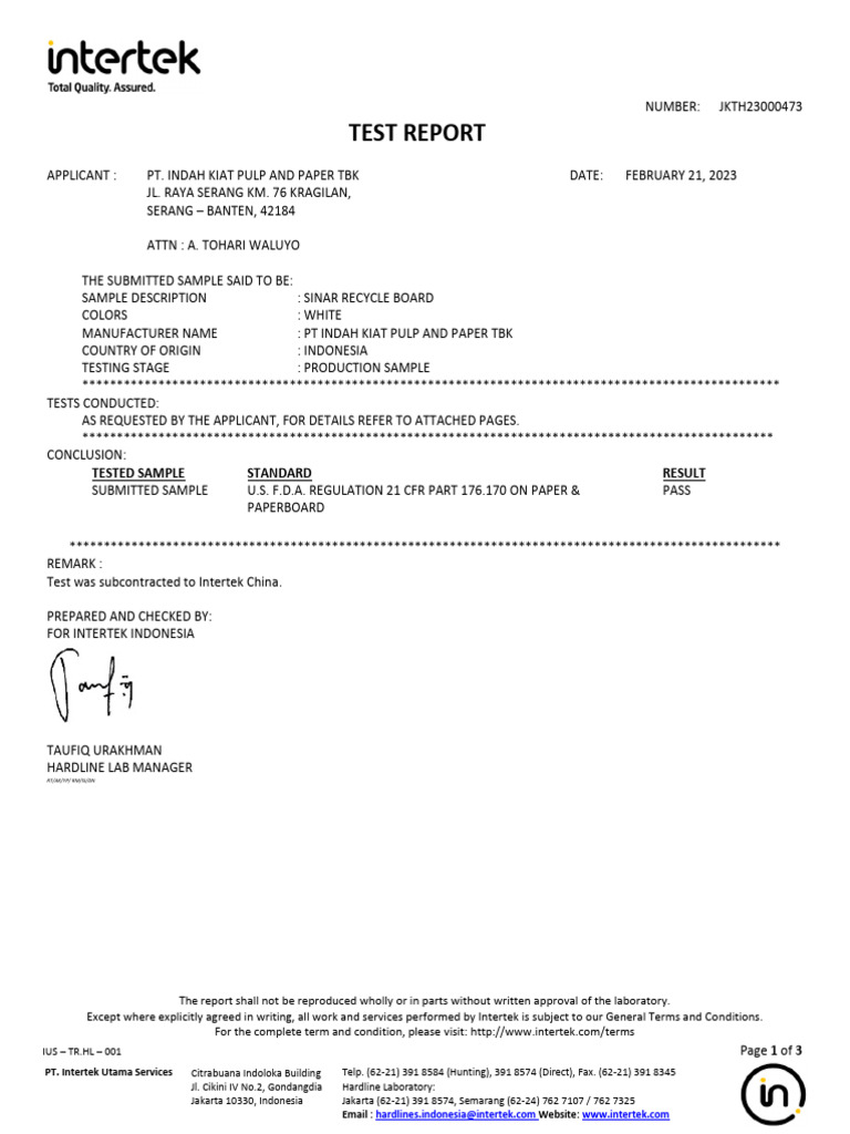 SinarPlex DA (Sinar Recycle Board) - FDA Intertek (Valid 21.feb.2023 - 21.feb.2025) | PDF ...