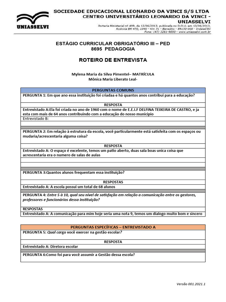 Roteiro de Entrevista - Estágio III PED | PDF | Aprendizado | Escolas