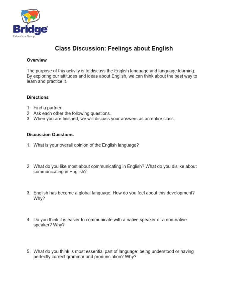 Module 2.3 - Class Discussion Feelings About English Handout - Teaching ...