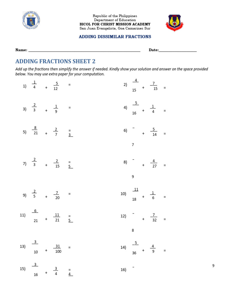 Grade 5 Dissimilar Fractions | PDF