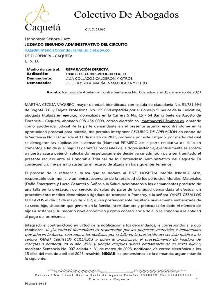APELACION Sentencia No. 007 - YANET CABALLOS COLLAZOS - Falla Medica ...